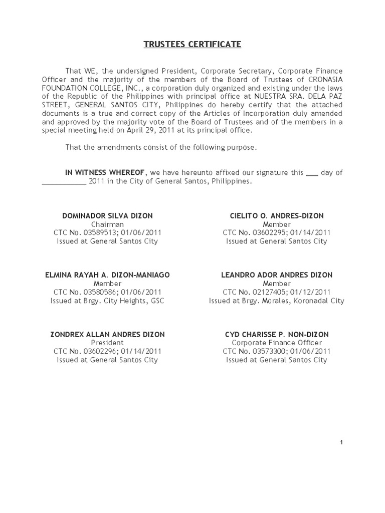 Trustees Certificate-Cfc | PDF | Business Law | Companies