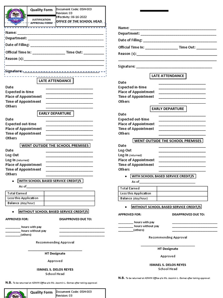 Justification Form Late and Early Out | PDF