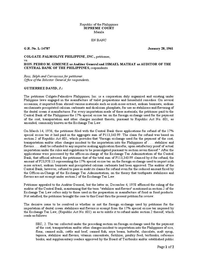 LAW 1106 - Statutory Construction - JD 44. G.R. No. L-14787 - Colgate ...