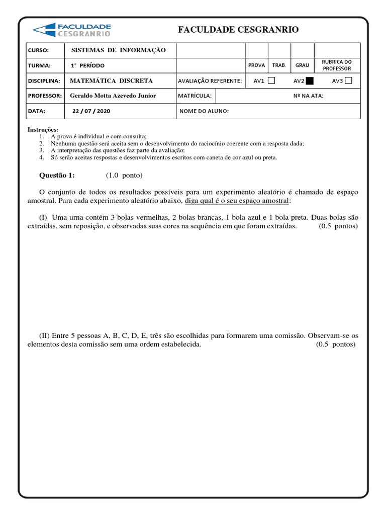 AV2 - Matemática Discreta | PDF
