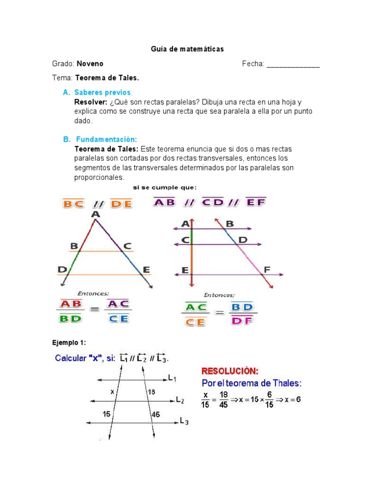 Matemáticas 9° Teorema de Tales | PDF