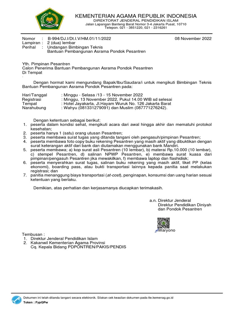 Undangan Bimtek Bantuan Pembangunan Asrama Pondok Pesantren | PDF