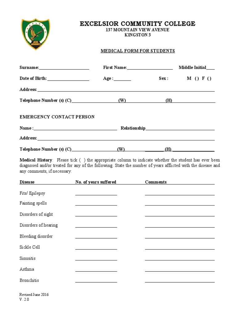 Medical Form For Students | PDF