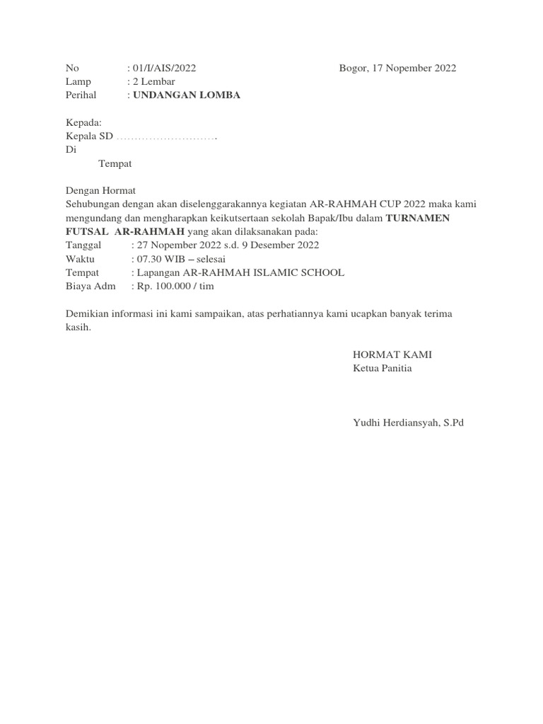 Undangan Lomba Futsal Arrahmah Cup | PDF