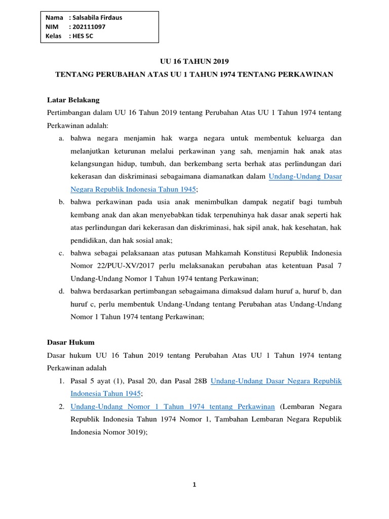 UU 16/2019: Perubahan Usia Perkawinan | PDF
