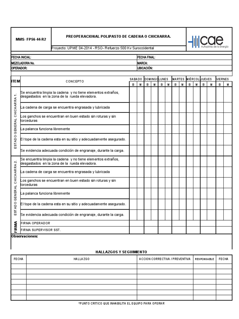 Mvis-Fp56-44-R2 Preoperacional Polipasto de Cadena o Chicharra | PDF | Ingeniería mecánica ...