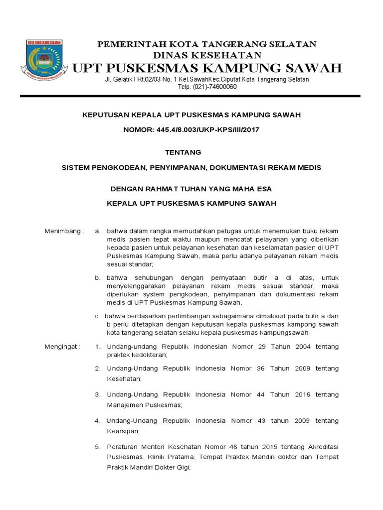 8.4.3.2 SK Tentang Sistem Pengkodean, Penyimpanan, Dokumentasi Rekam ...