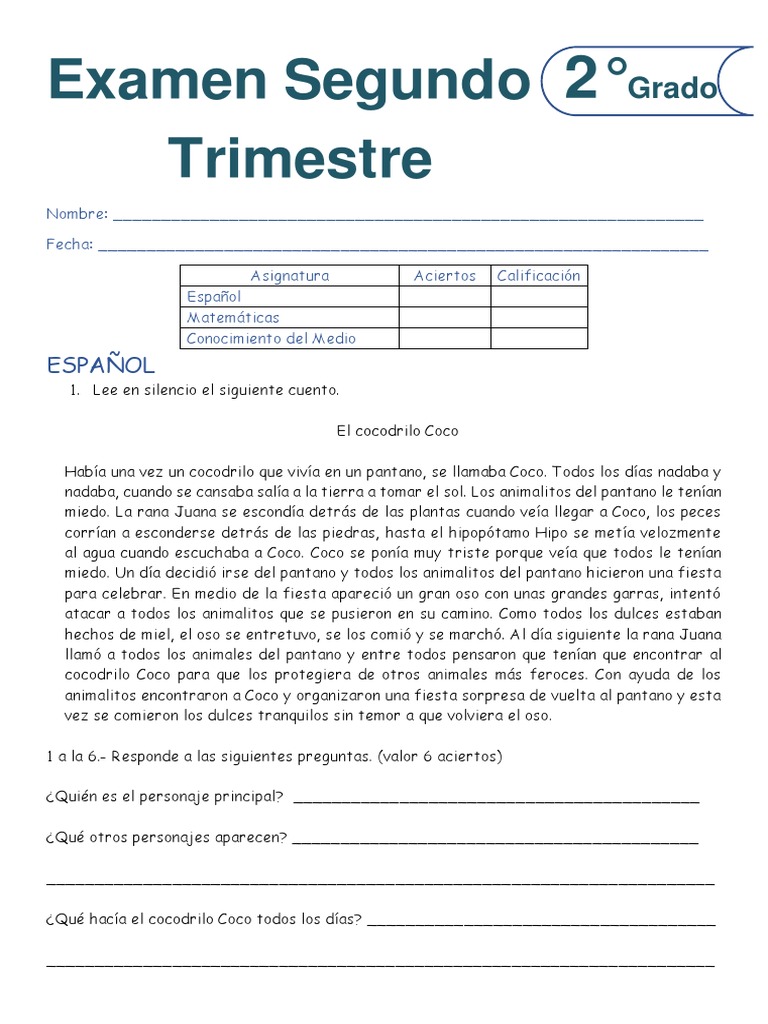 Examen 2 PRIMARIA. 2DO Trimestre | PDF | Juegos y actividades | Hogar ...