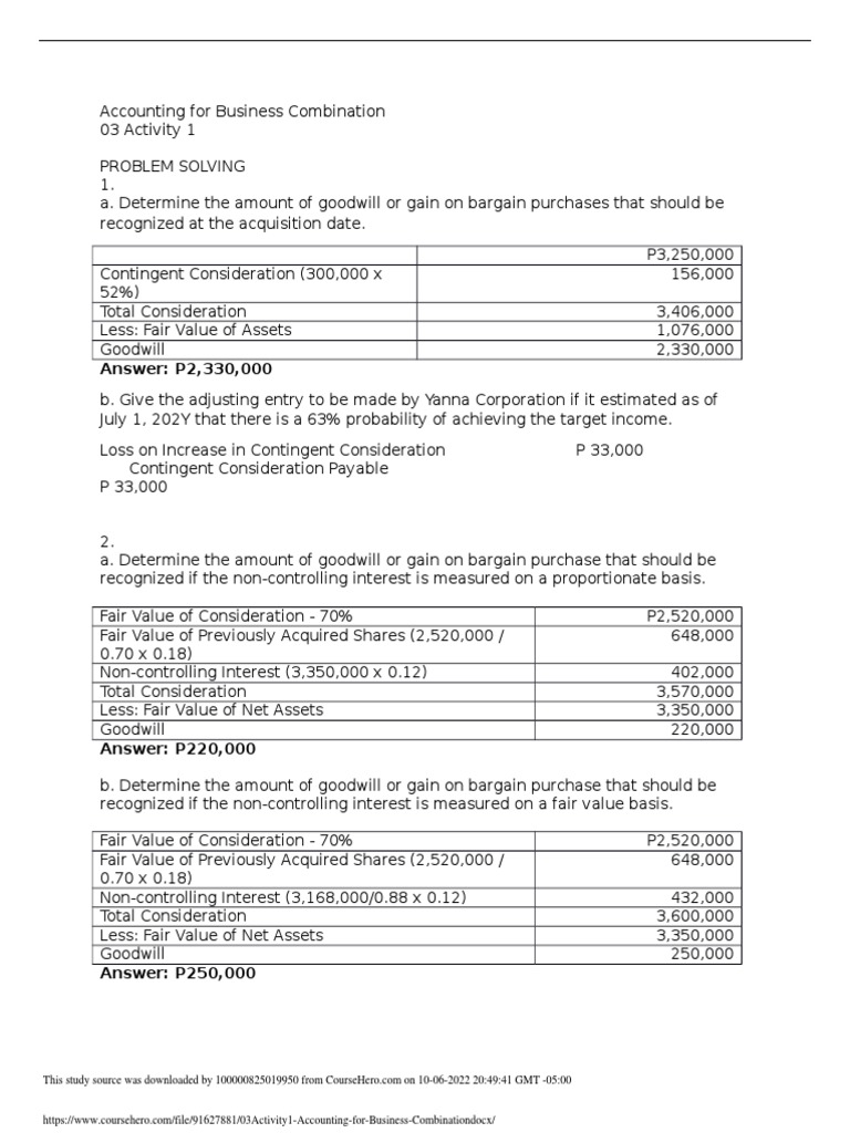 Goodwill Calculation in Business Combinations | PDF | Goodwill ...