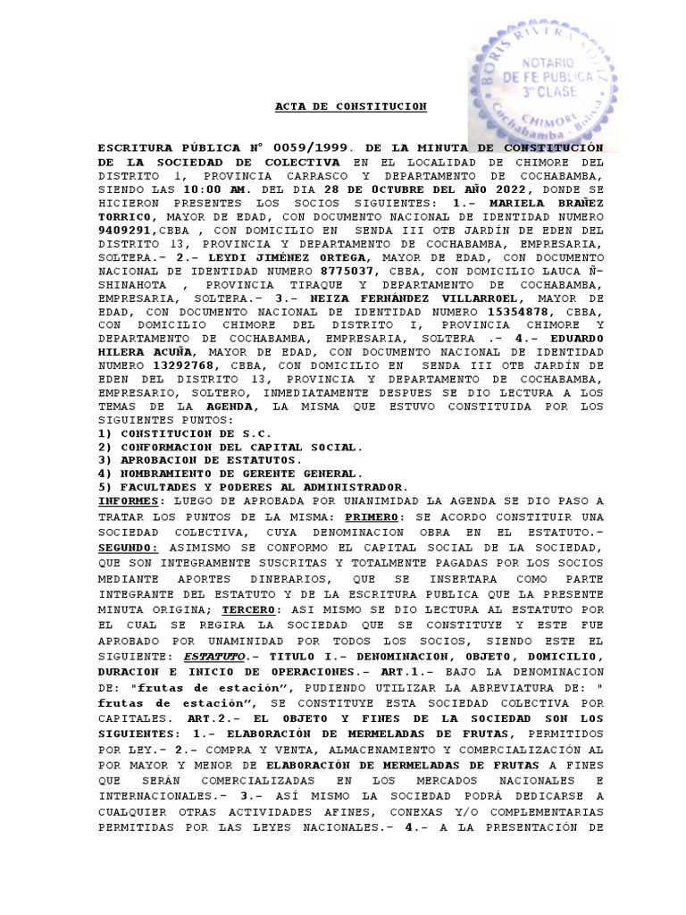 Acta de Constitucion Sociedad Colectiva | PDF | Sociedad | Votación