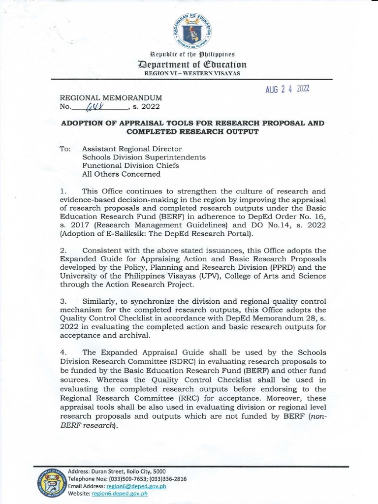 RM. No. 648 S. 2022 Adoption of Appraisal Tools For Research Proposal ...