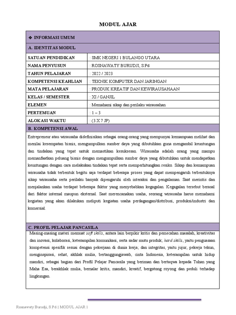 Modul Ajar Sikap Wirausaha Kelas XI | PDF | Karier & Perkembangan | Bisnis
