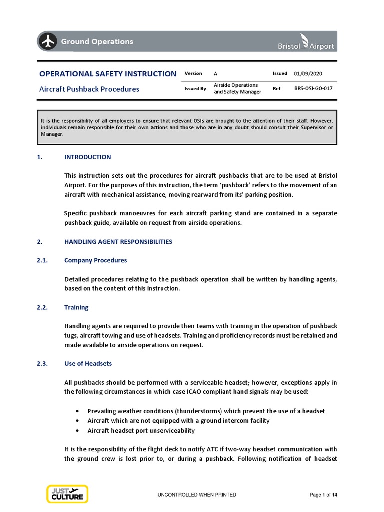 BRS OSI GO 017 Aircraft Pushback Procedures | Download Free PDF | Air ...