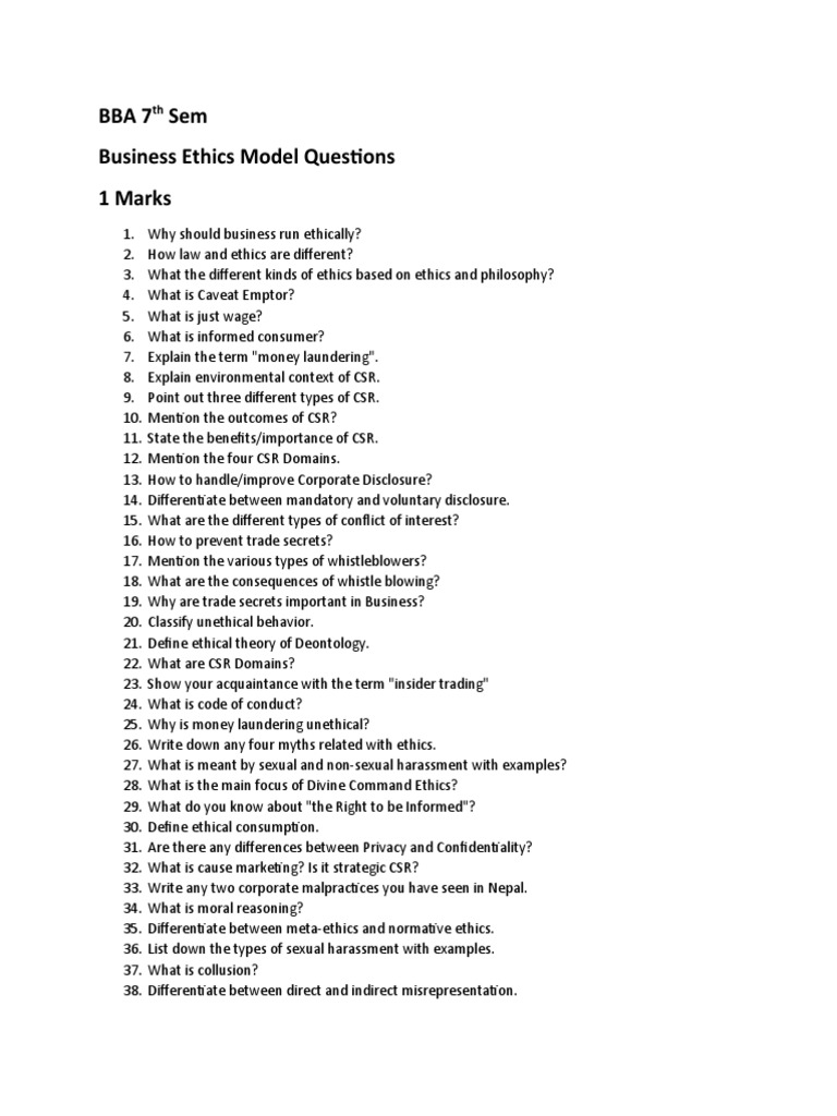 Business Ethics Model Questions | PDF | Corporate Social Responsibility ...