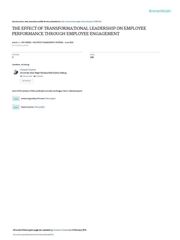 The Effect Of Transformational Leadership On Employee Performance