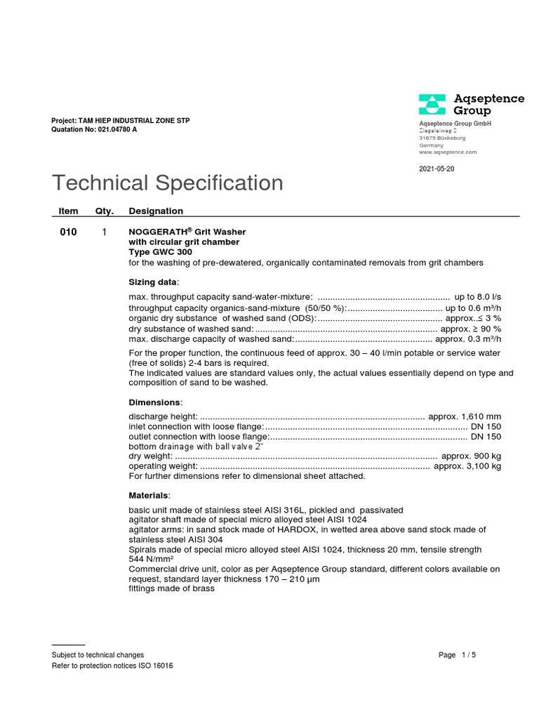 GWC 300 - Technical Specifications - Smuk | PDF | Pipe (Fluid Conveyance) | Electric Motor
