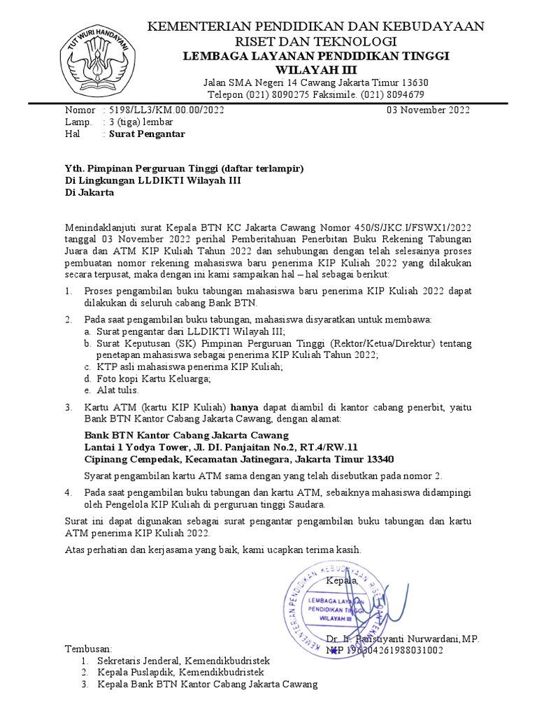 5198 - Surat Pengantar Pengambilan Butab Mahasiswa KIP 2022 | PDF