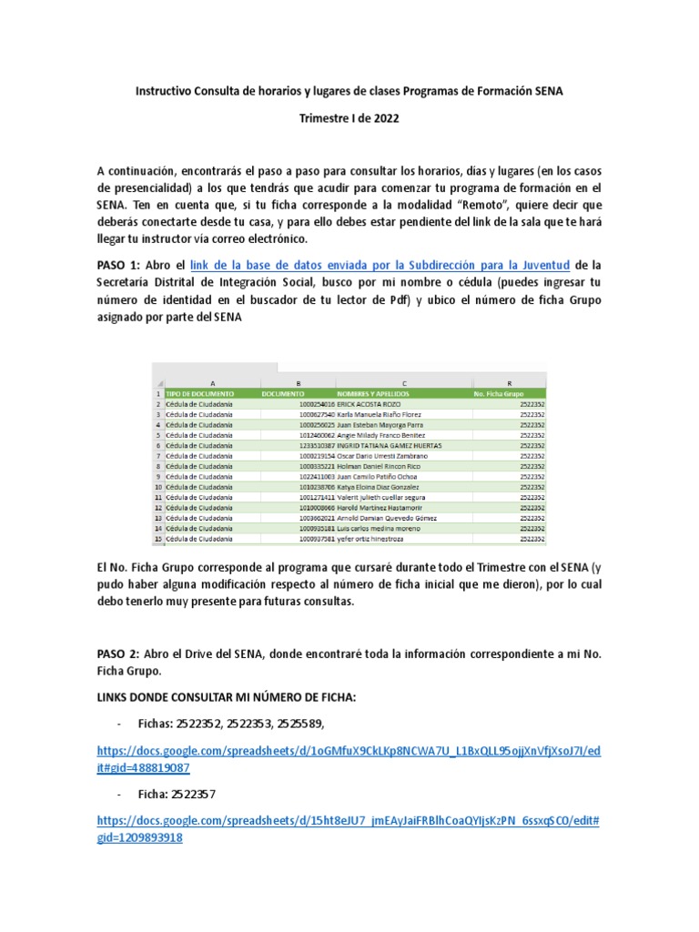 Instructivo Consulta de Horarios y Lugares de Clases Programas de Formación SENA | PDF