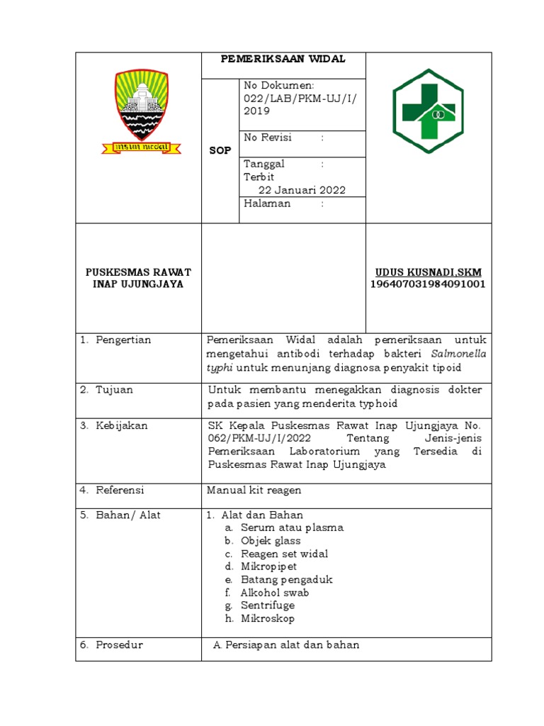 Prosedur Pemeriksaan Widal Laboratorium | PDF | Sains & Matematika