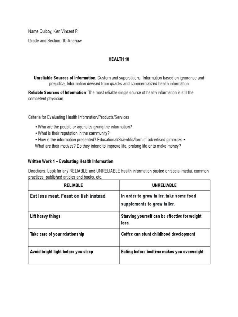 Q1 Health (WW 1) Evaluating Health Information | PDF