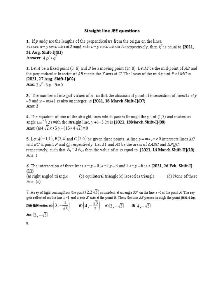 Straight Line Jee Questions | PDF