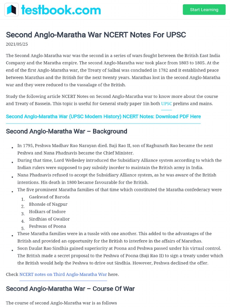 Ncert Notes Second Anglo Maratha War | PDF