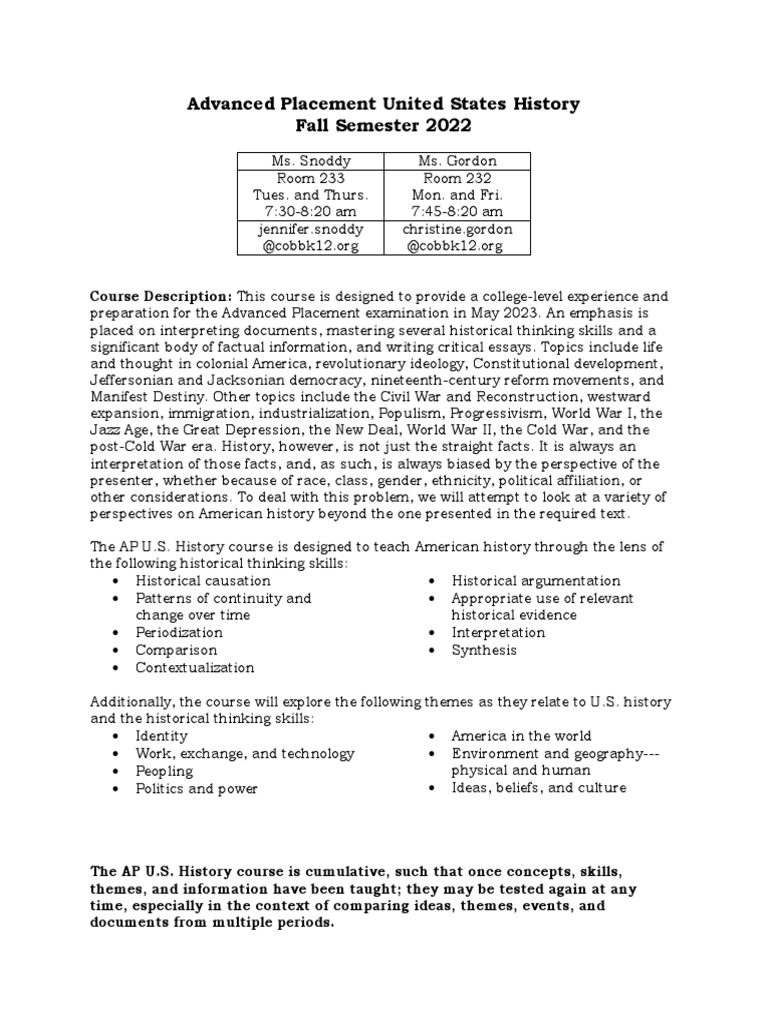 APUSH Syllabus Fall 2022 | PDF | Academic Dishonesty | Advanced Placement