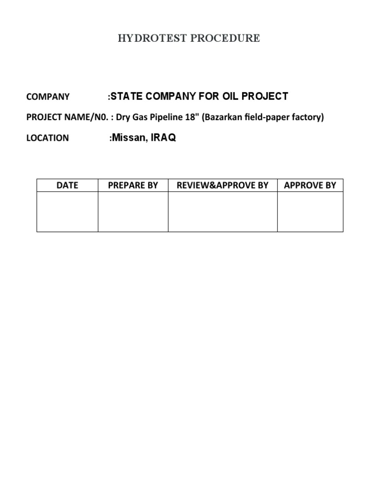 Hydrostatic Testing Procedure for Pipelines | PDF | Materials | Tools