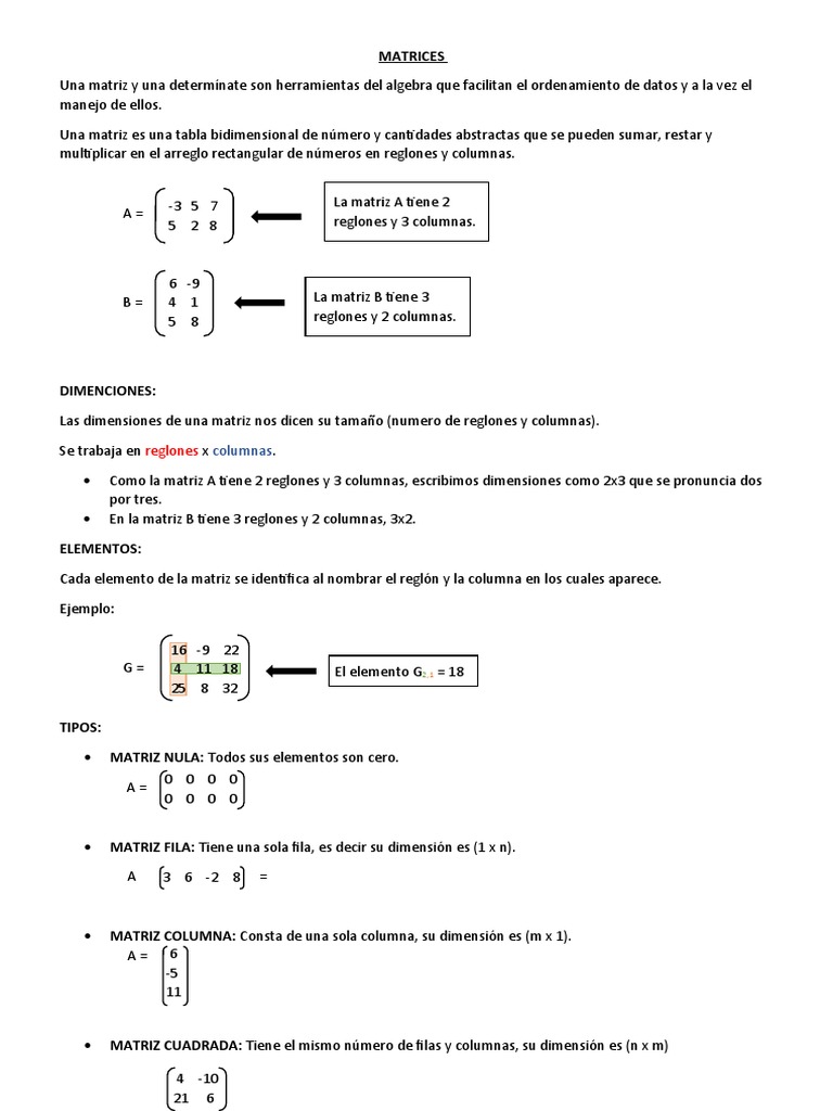 Dimensiones y operaciones de matrices | PDF | Matriz (Matemáticas ...