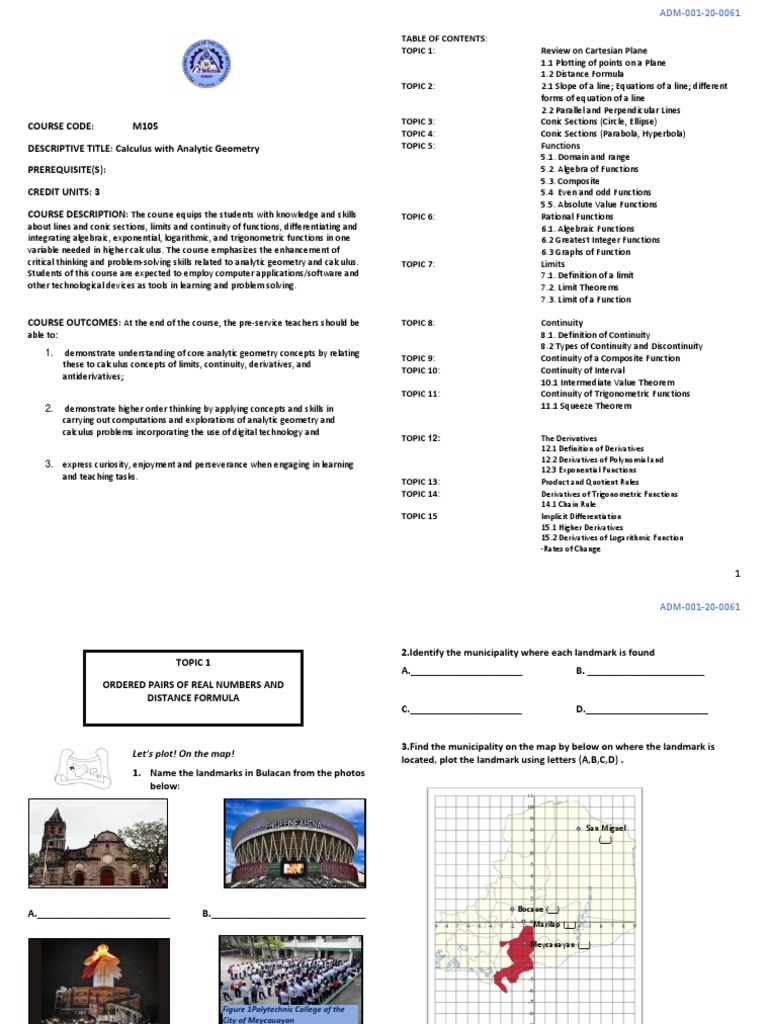 Course Code: M105 DESCRIPTIVE TITLE: Calculus With Analytic Geometry ...