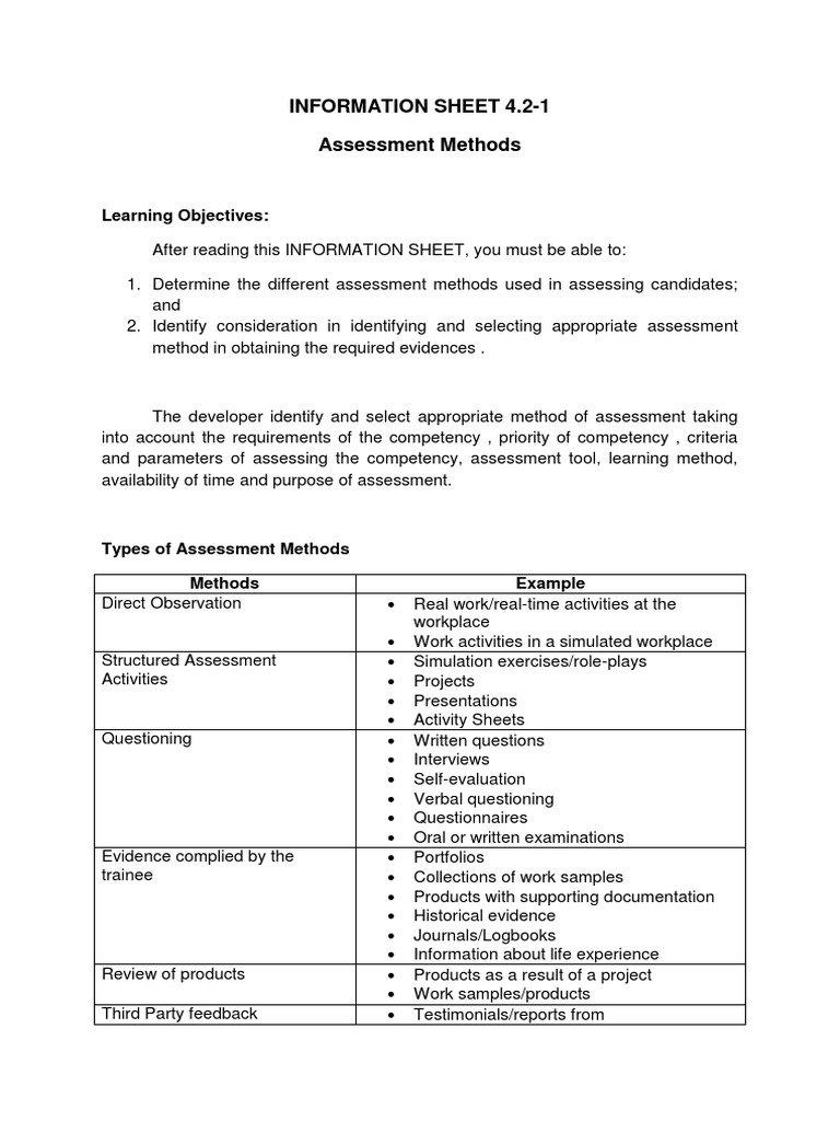 INFORMATION SHEET 4.2-1 Assessment Methods | PDF | Educational Assessment | Competence (Human ...