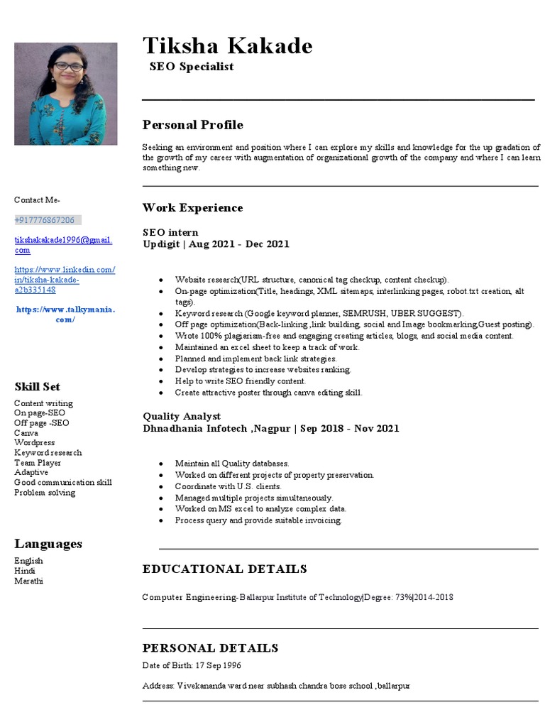 Tiksha Kakade's Resume | PDF | Search Engine Optimization | Computing