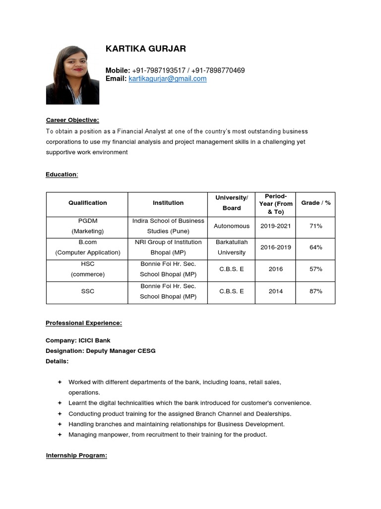 Financial Analyst Resume - Kartika Gurjar | PDF