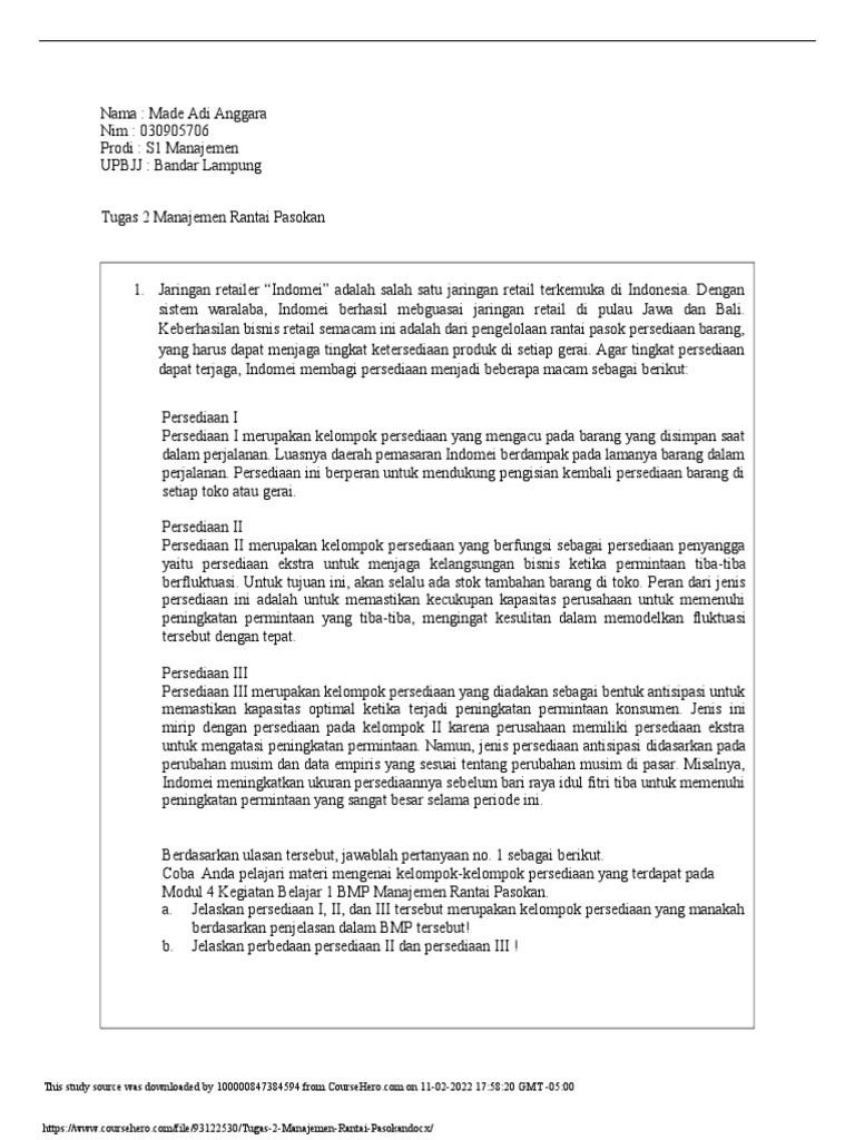 Tugas 2 Manajemen Rantai Pasokan | PDF