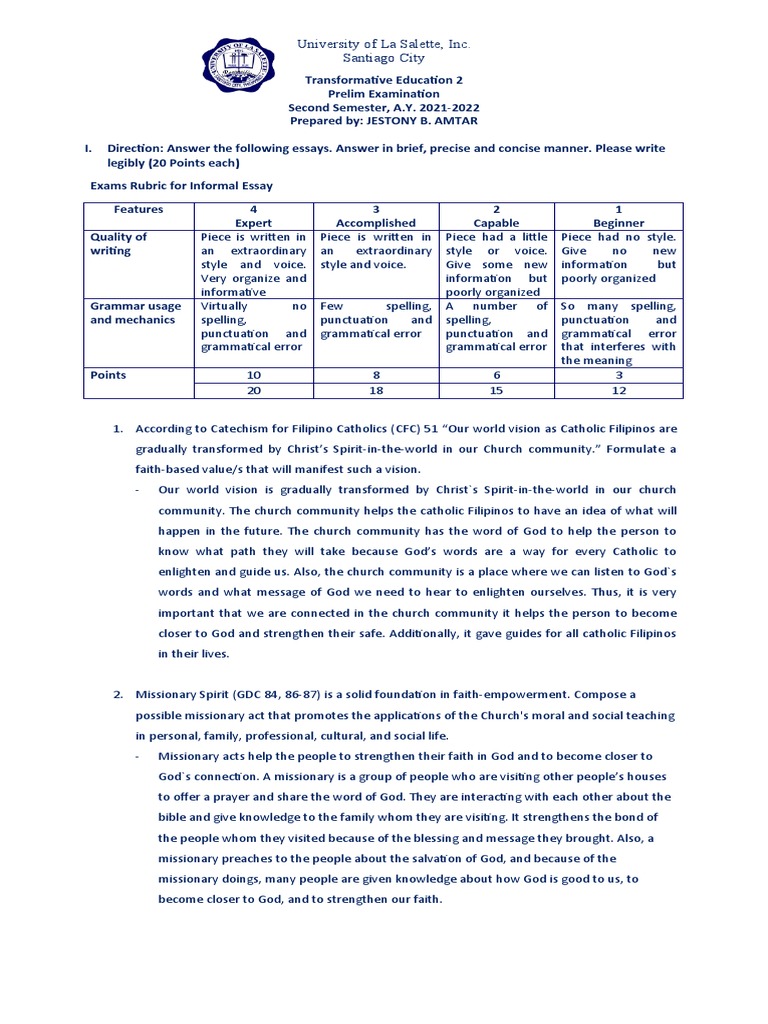 Prelim Exam | PDF | Faith | Catholic Church