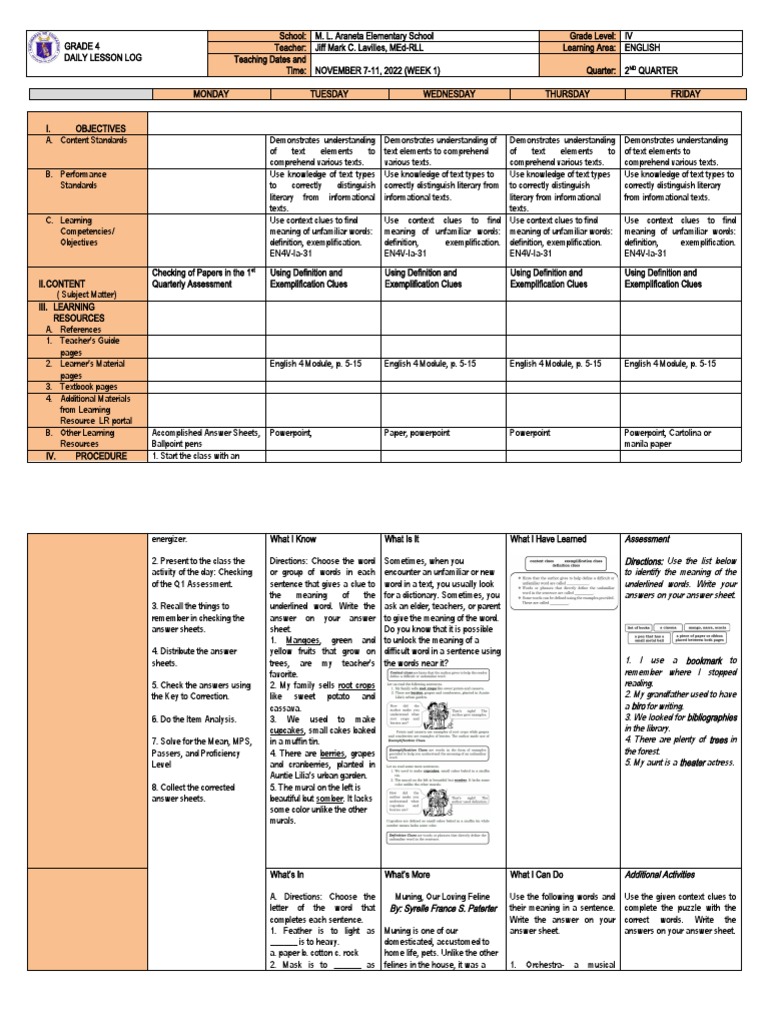 DLL - English 4 - Q2 - W1 | PDF | Teachers