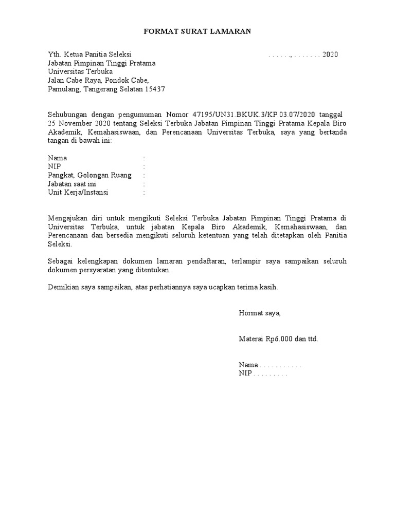 Form Lampiran Seleksi JPTP Bakp-Ut | PDF