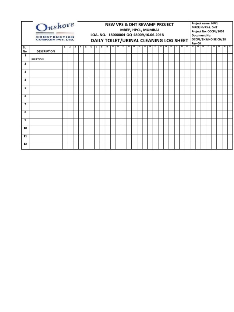 Daily Toilet Cleaning Log Sheet | PDF | Technology & Engineering