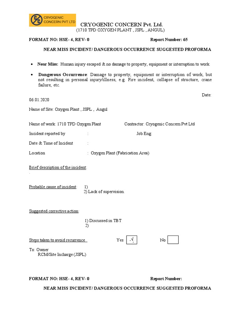 Near Miss Report JSPL Format | PDF | Industrial Processes | Mechanical ...