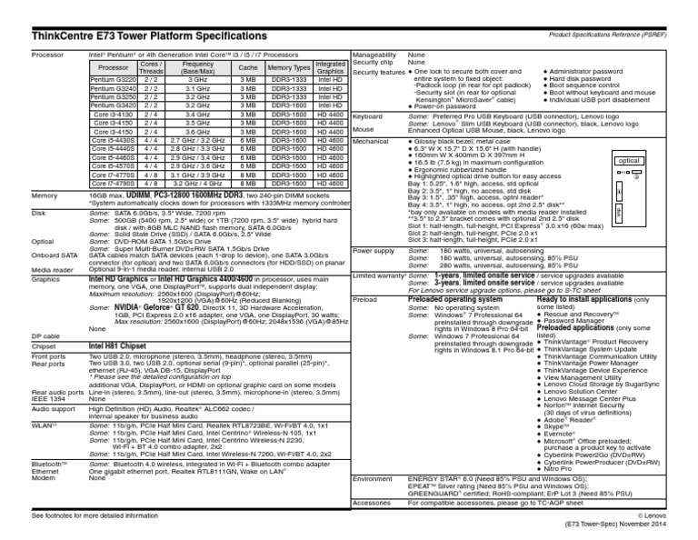 ThinkCentre E73 Tower Spec | PDF | Manufactured Goods | Electronics