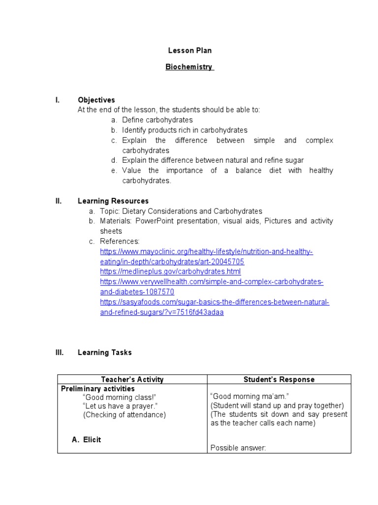 Lesson Plan in Biochemistry - 034042 | PDF | Carbohydrates | Foods