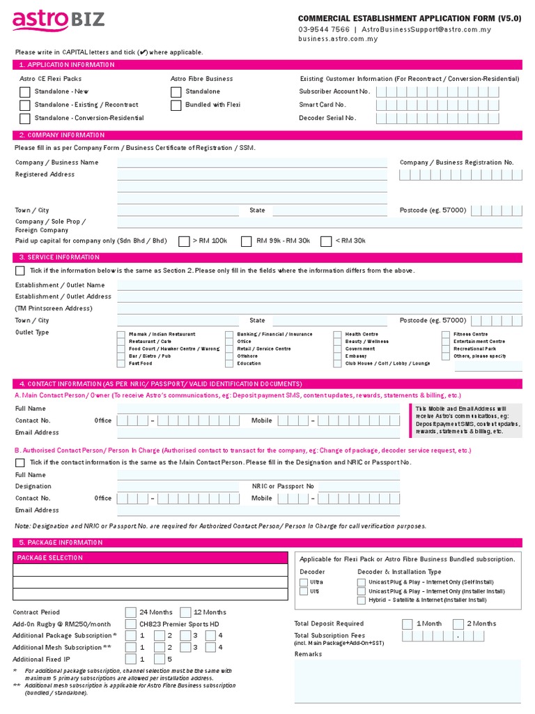Astro Business Commercial Pack Application Form | PDF | Payments | Fee
