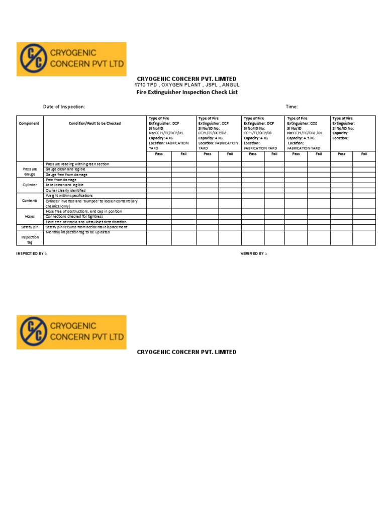 Fire Extinguisher Inspection Checklist | PDF | Manufactured Goods ...