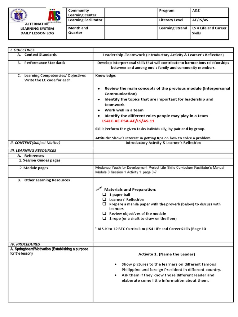 DLL MyDevModule3 Session 1 Activity 1 | PDF | Learning | Leadership