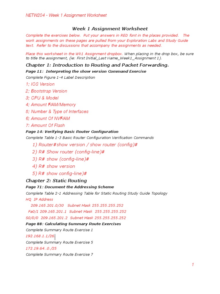 w1 Assignment Worksheet Complete-1 | PDF | Router (Computing) | Network ...