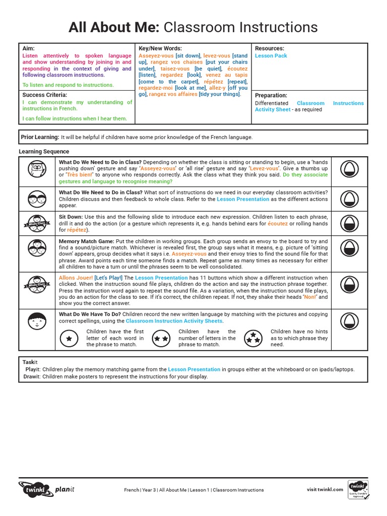Classroom French for Year 3 | PDF | Gesture | Learning
