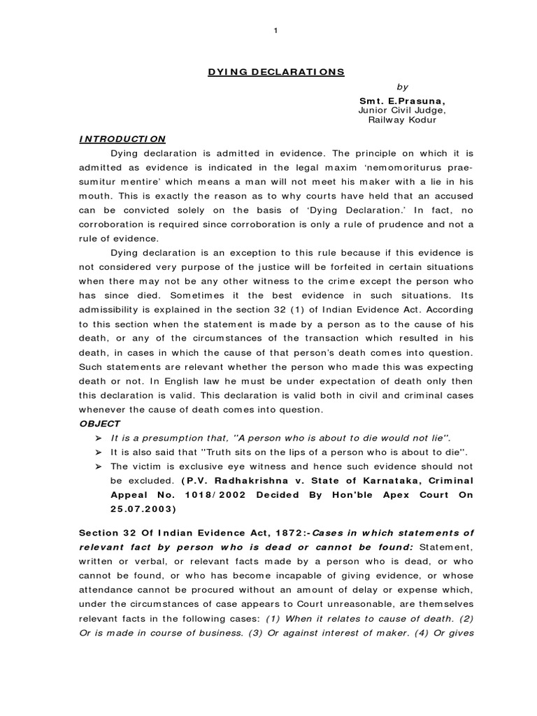 Paper On Dying Declaration - SMT E Prasuna | PDF | Hearsay In United ...