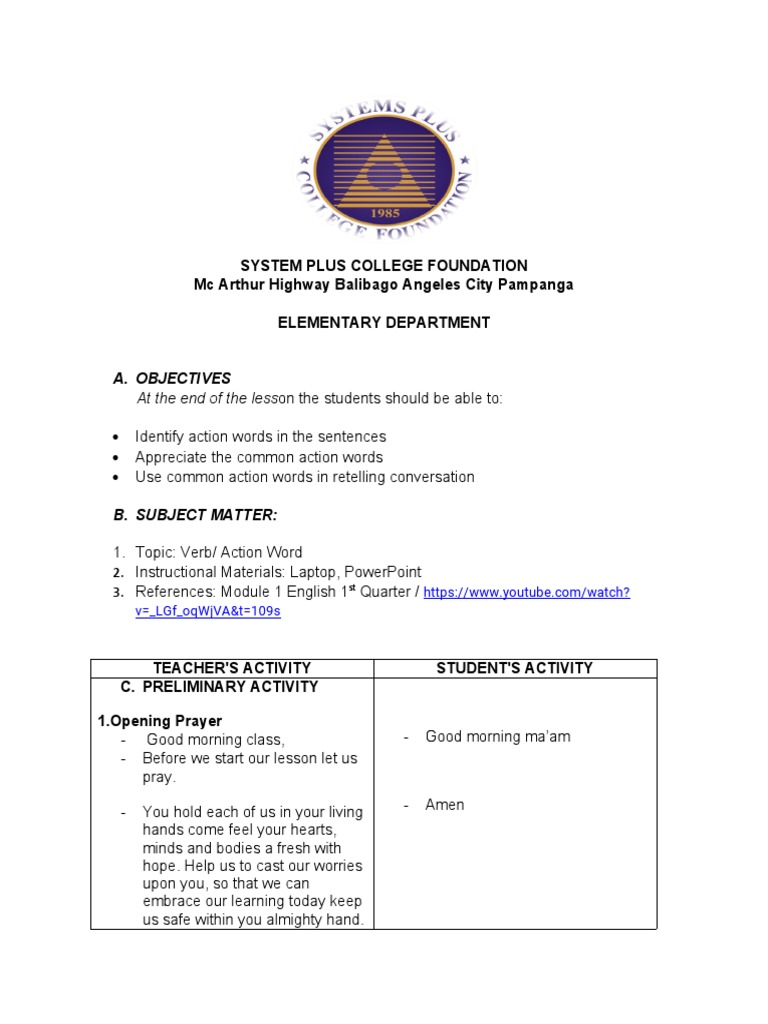 Action Words Lesson Plan for Students | PDF | Learning | Cognitive Science