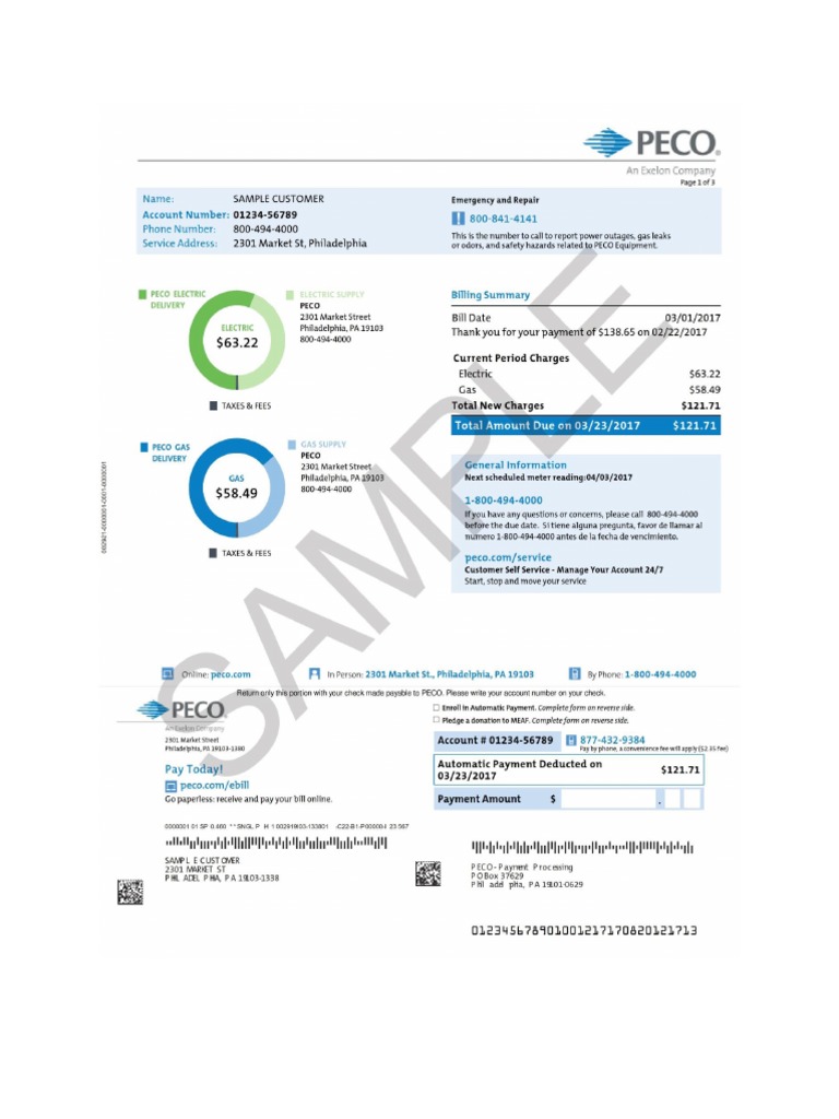 PECO Bill Sample Electric and Natural Gas Residential Service Default | PDF