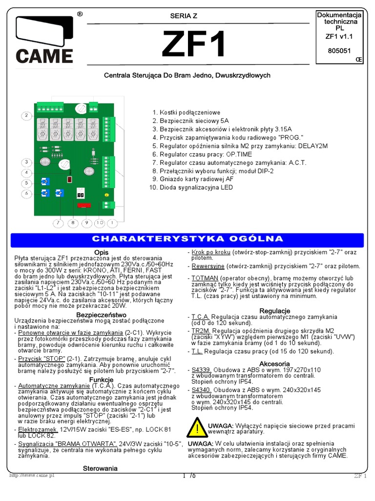 Instrukcja Centrali Sterujcej CAME ZF1 | PDF